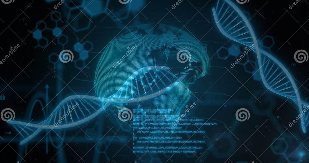 Image of Scientific Data Processing Over Globe and Dna Strands on Dark ...