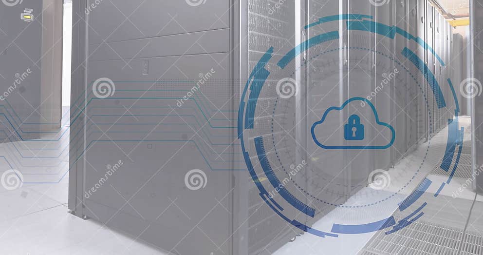 Image of Scope Scanning with Cloud and Padlock Icon Over Server Room ...