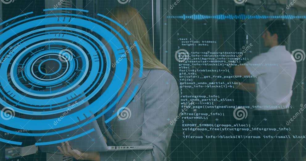 Image of Scope Scanning and Data Processing Over Caucasian it Technicians by Computer Server ...
