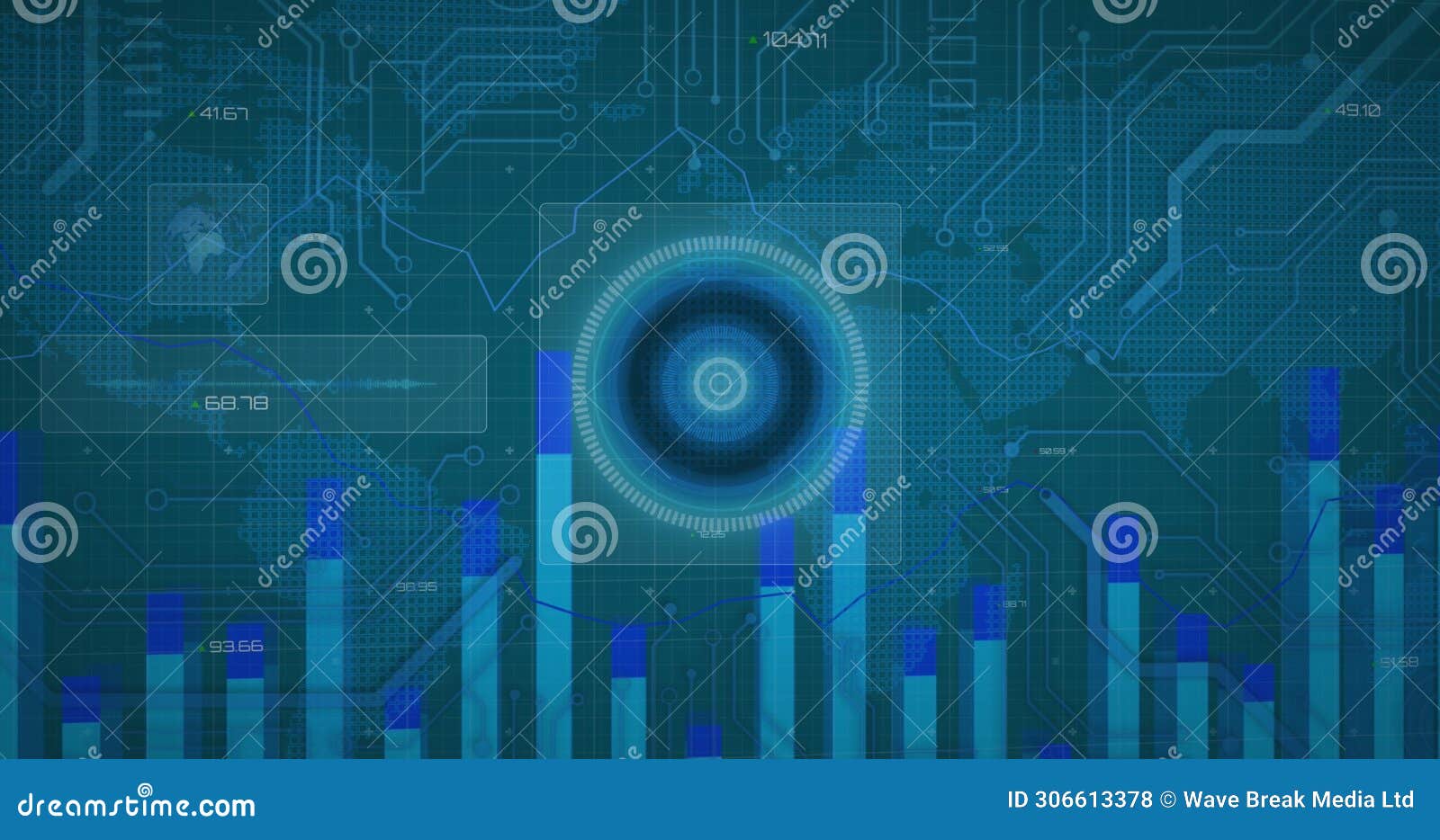 Image of Scope Scanning and Data Processing with World Map on Blue ...