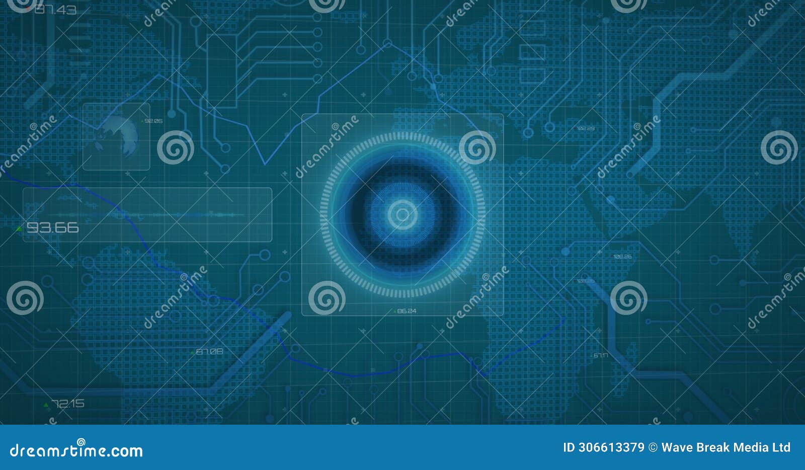 Image of Scope Scanning and Data Processing with World Map on Blue ...