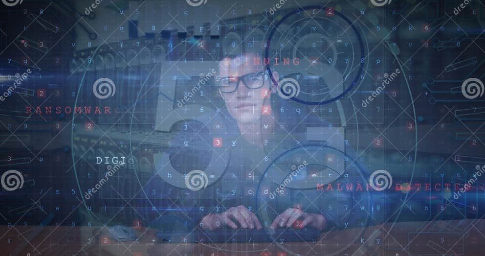 Image of Scope Scanning with 5g Text and Data Processing Over Caucasian Hacker in Server Room ...