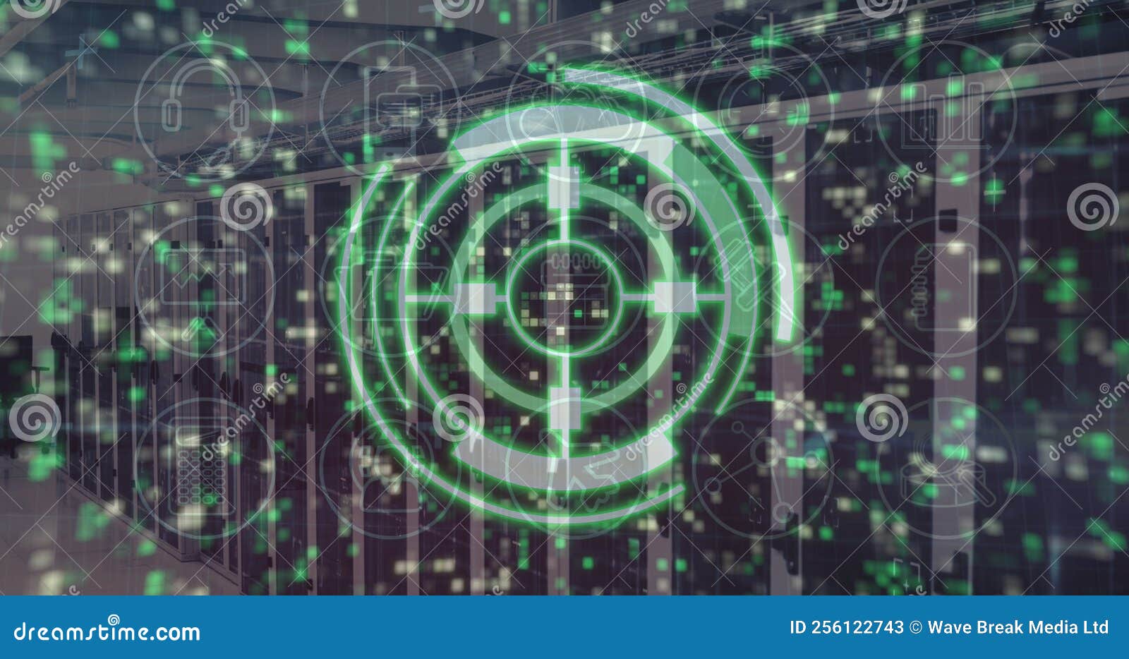 Image of Scope Scanning with Icons and Moving Columns Over Server Room Stock Illustration ...