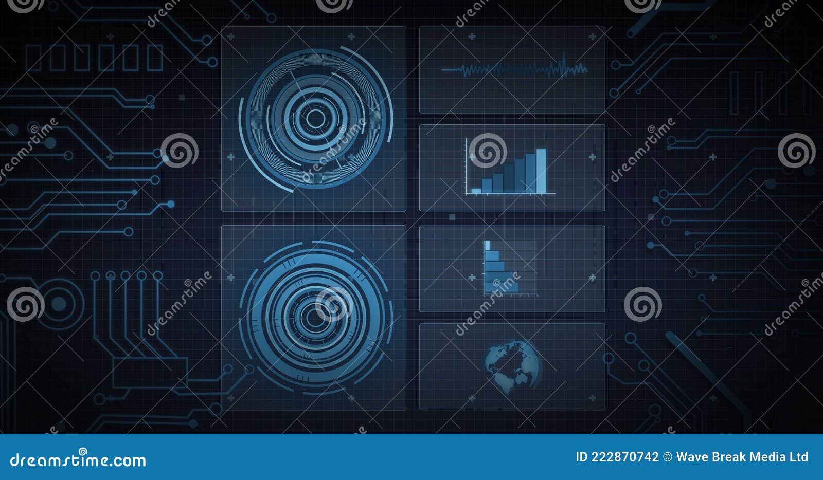 Image of Scope Scanning, Processor Elements and Data Processing on Screens Over Grid Stock ...