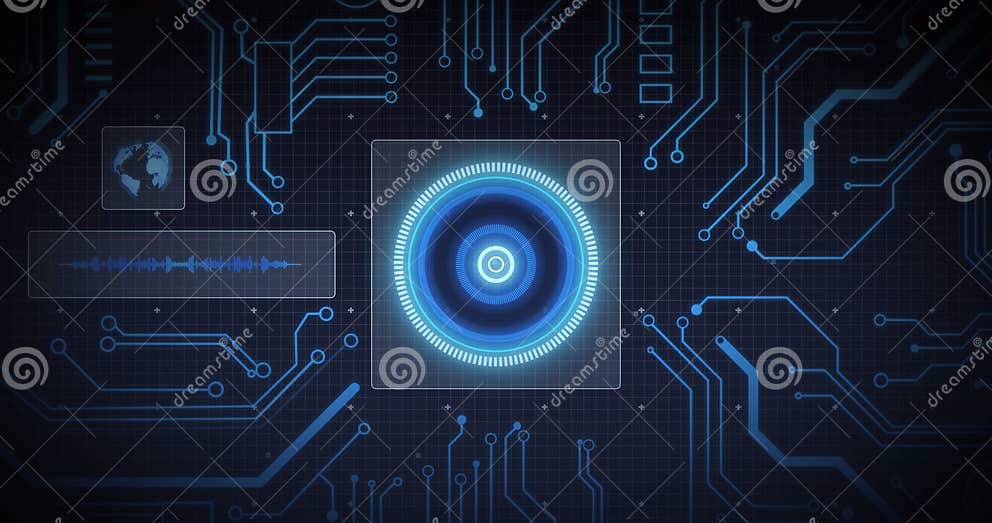 Image of Scope Scanning, Processor Elements and Data Processing on Screens Over Grid Stock ...