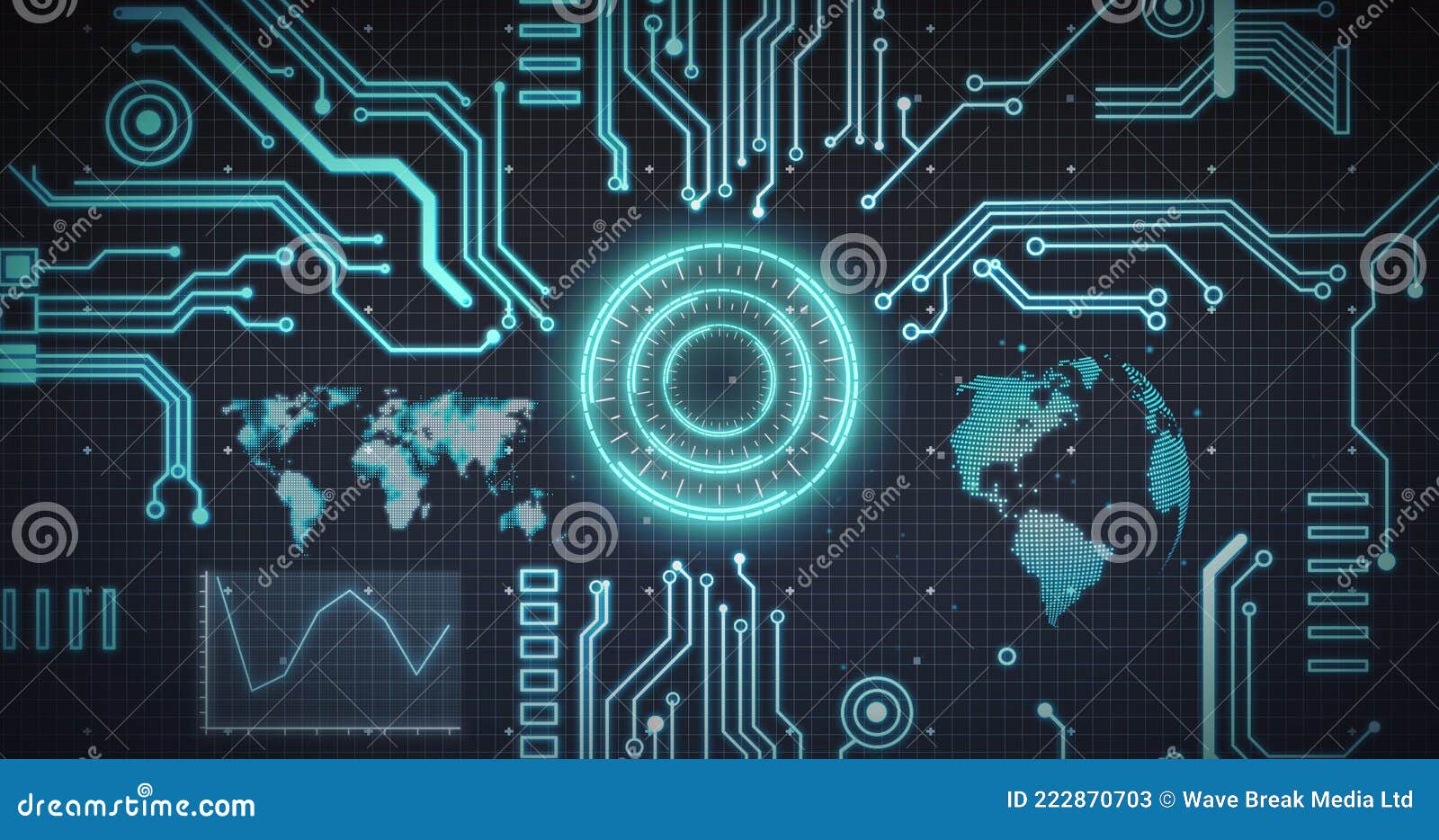 Image of Scope Scanning, Processor Elements, World Map and Data Processing Over Grid Stock ...