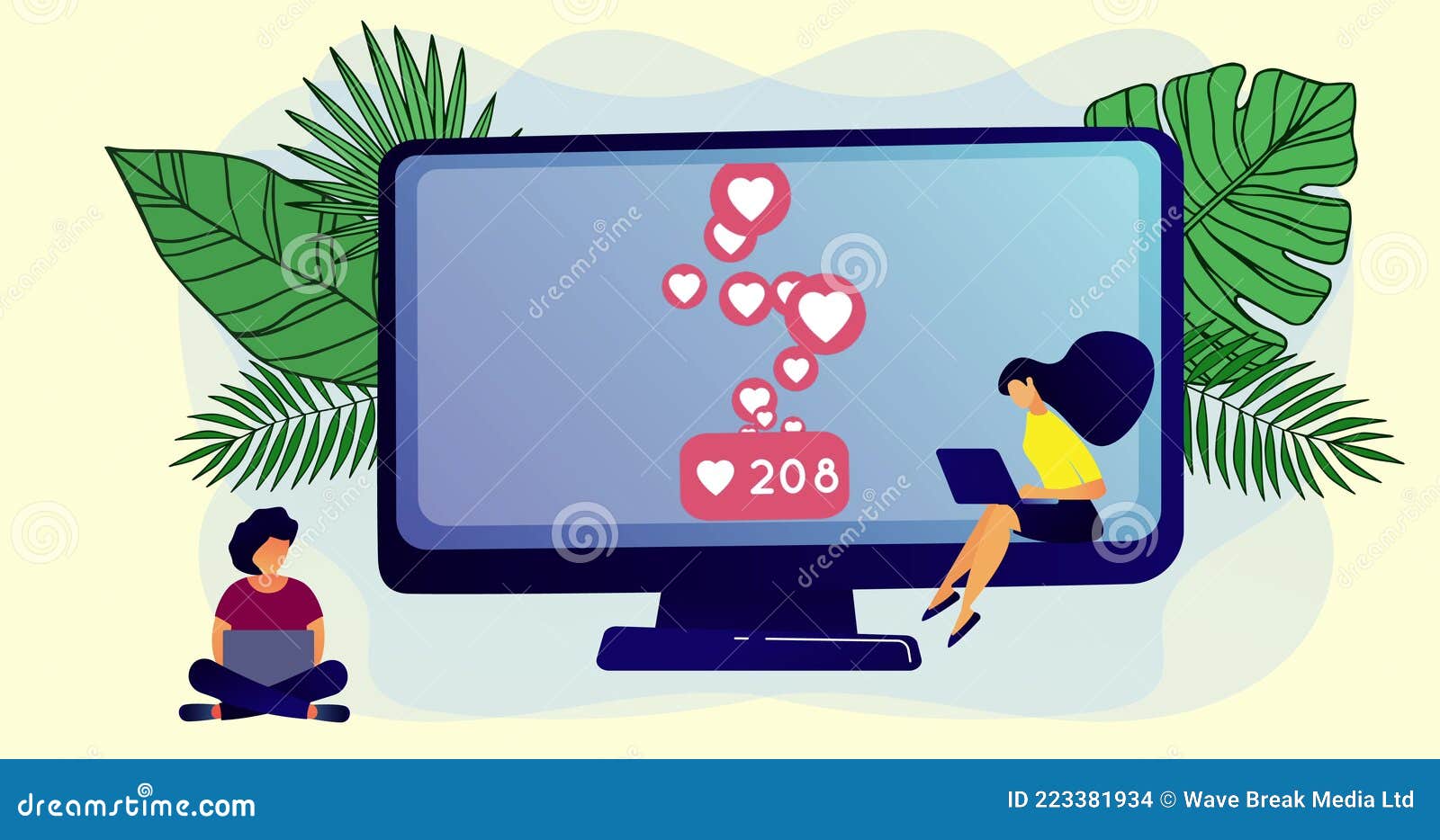 Image of Screen with Social Media Icons Women Using Electronic Devices ...