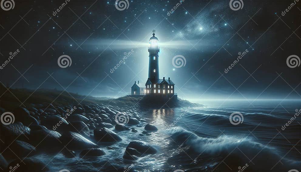 Image of a Sea Lighthouse at Night in Horizontal Format. Stock Photo ...