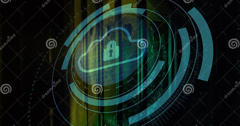Image of Security Padlock and Cloud Icon on Round Scanner Against Computer Server Room Stock ...