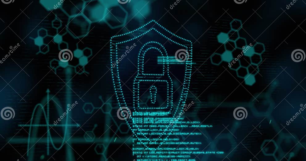Image of Security Padlock Icon, Chemical Structures and Data Processing ...