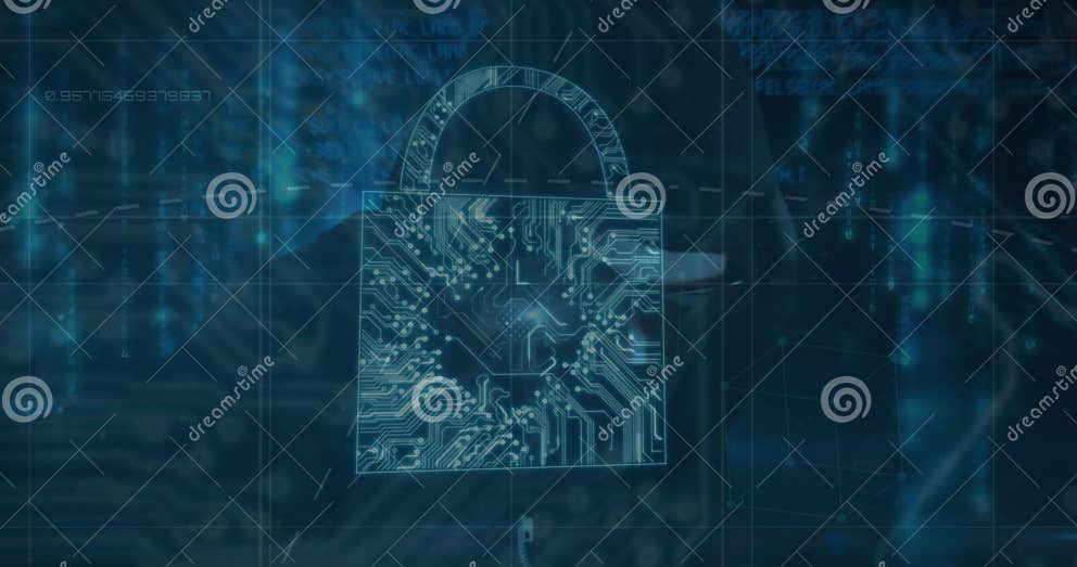 Image of Security Padlock Icon and Data Processing Over Male Hacker ...