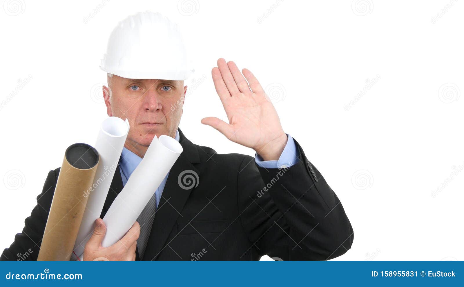Image with Serious Engineer Making a Hello Hand Gestures Stock Image ...