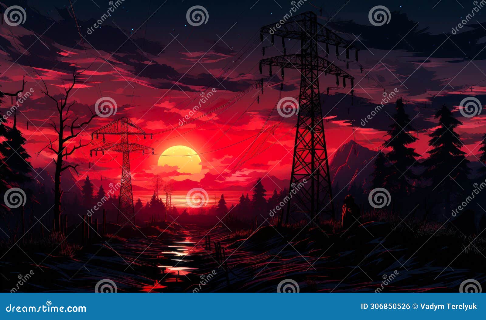 An Image of Several Power Lines for Sunset. a Painting of a Sunset with ...