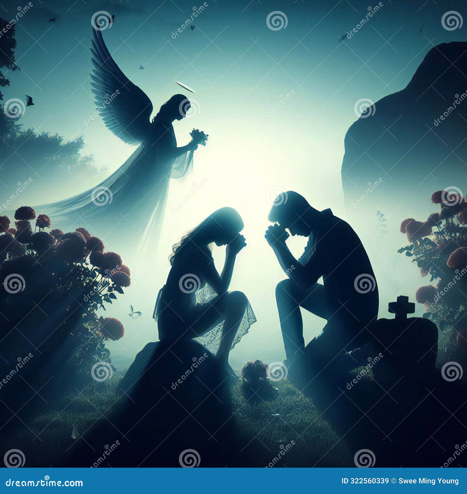 Image of a Shadowy Angel Watching Someone Kneeling in Silhouette by the ...