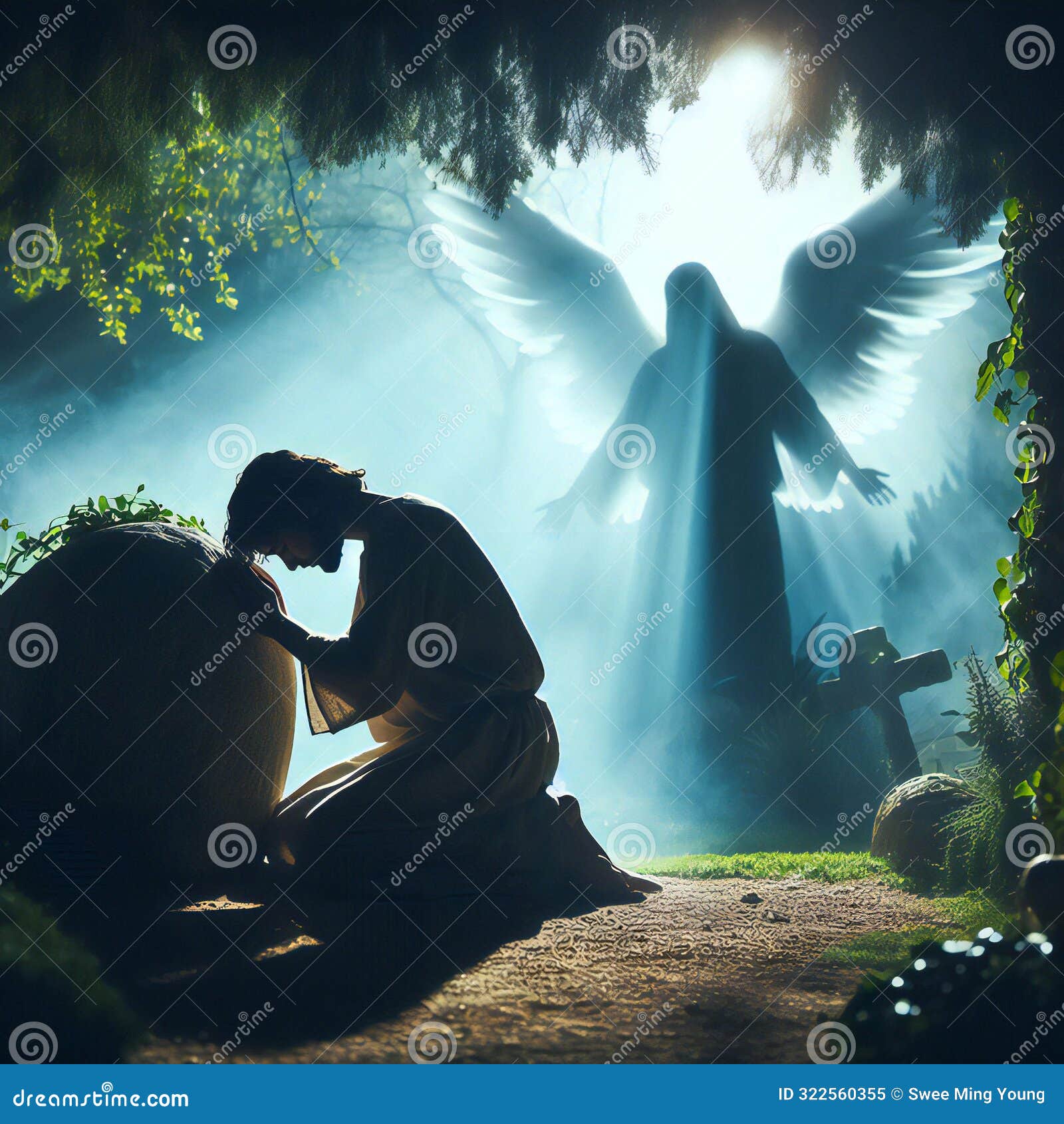 Image of a Shadowy Angel Watching Someone Kneeling in Silhouette by the ...