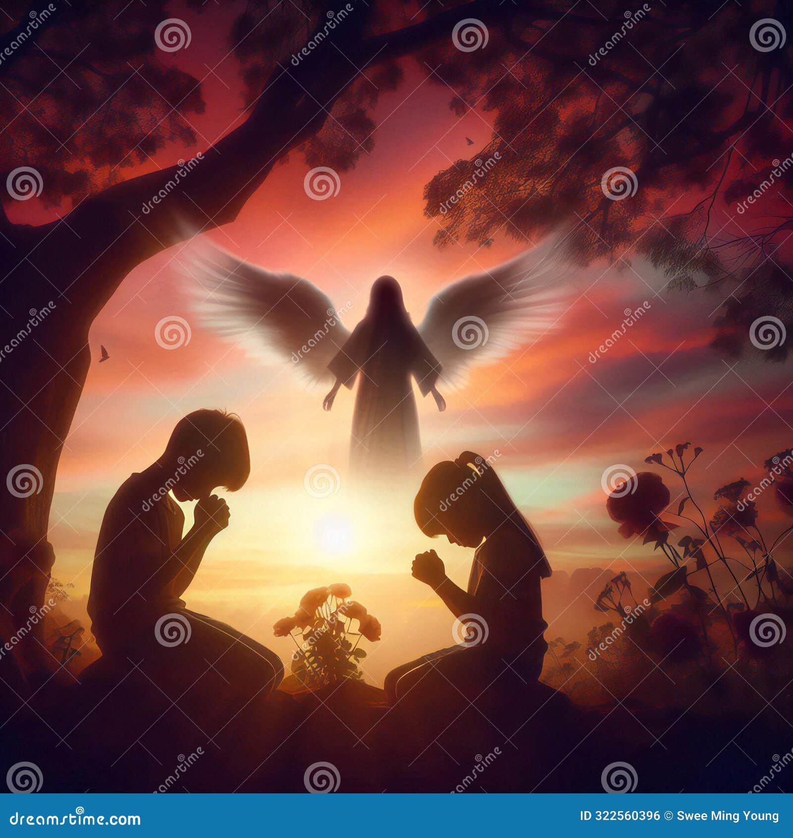 Image of a Shadowy Angel Watching Someone Kneeling in Silhouette by the ...