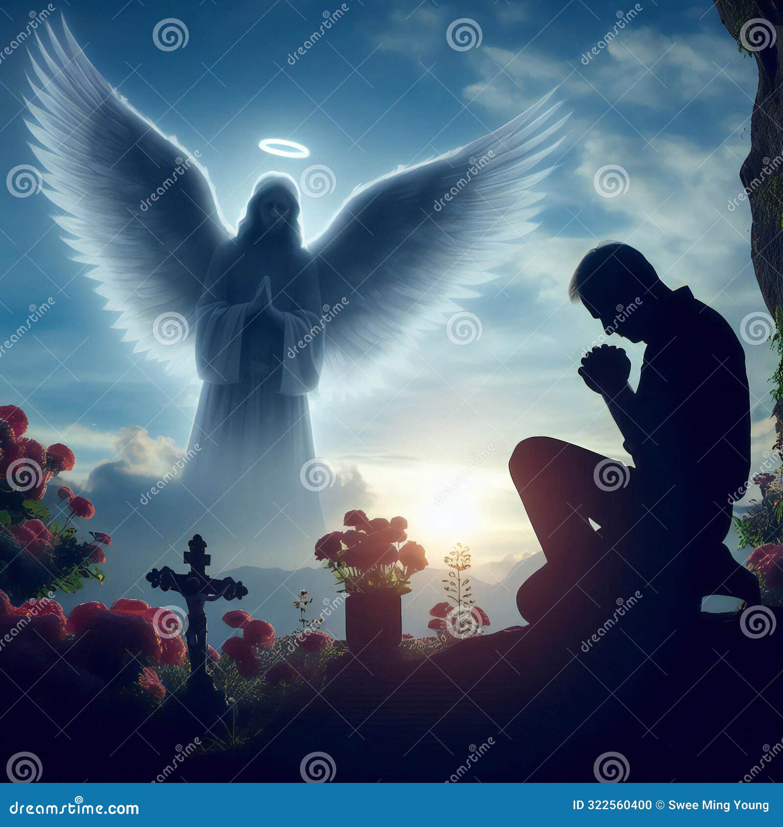 Image of a Shadowy Angel Watching Someone Kneeling in Silhouette by the ...