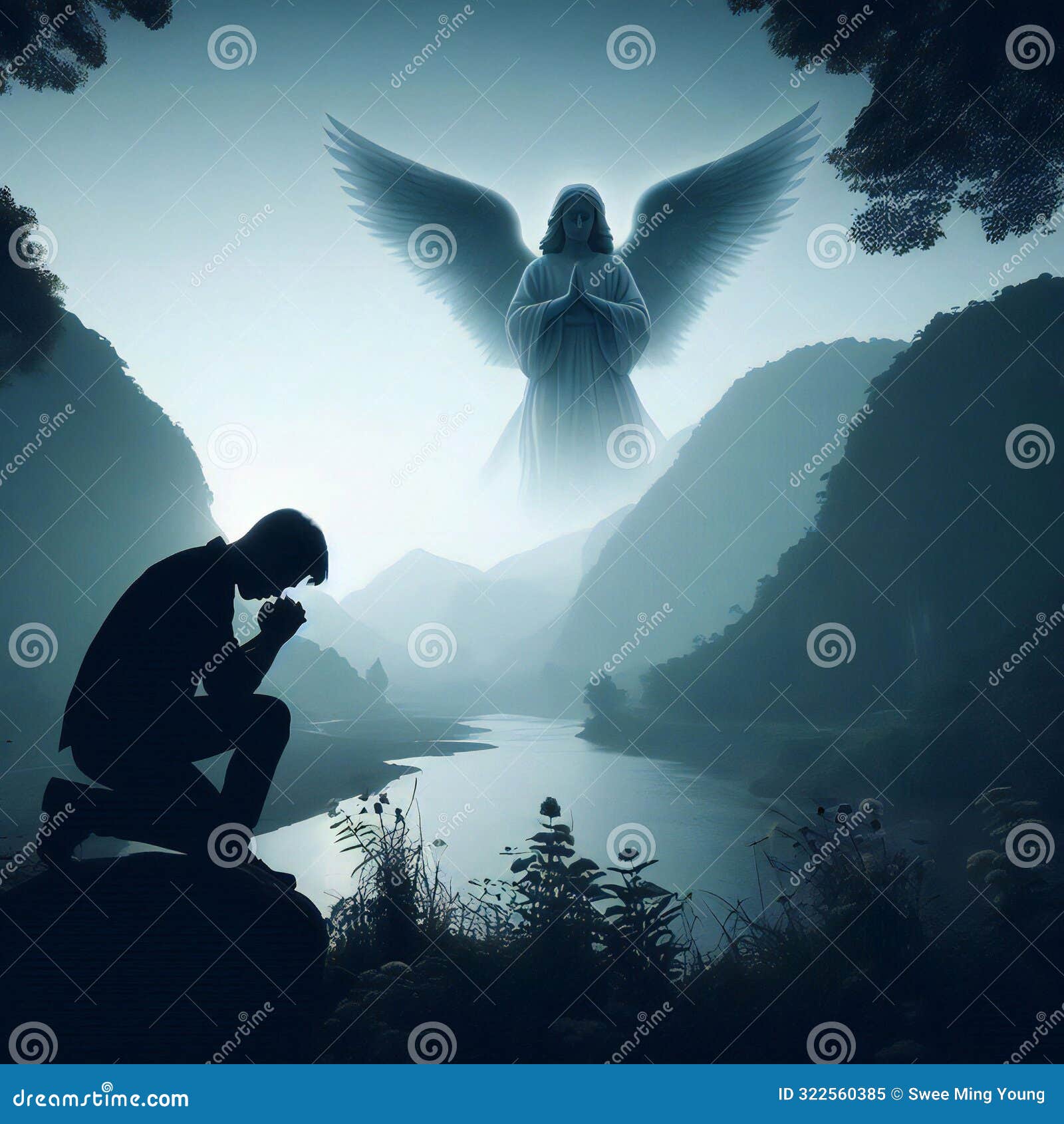 Image of a Shadowy Angel Watching Someone Kneeling in Silhouette by the ...