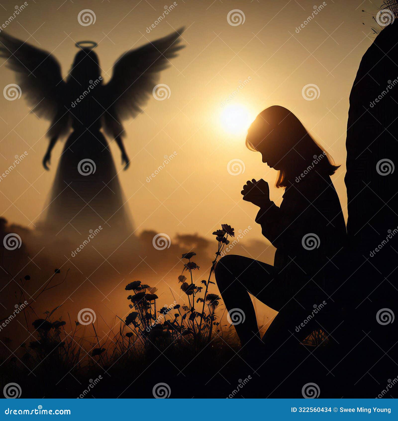 Image of a Shadowy Angel Watching Someone Kneeling in Silhouette by the ...