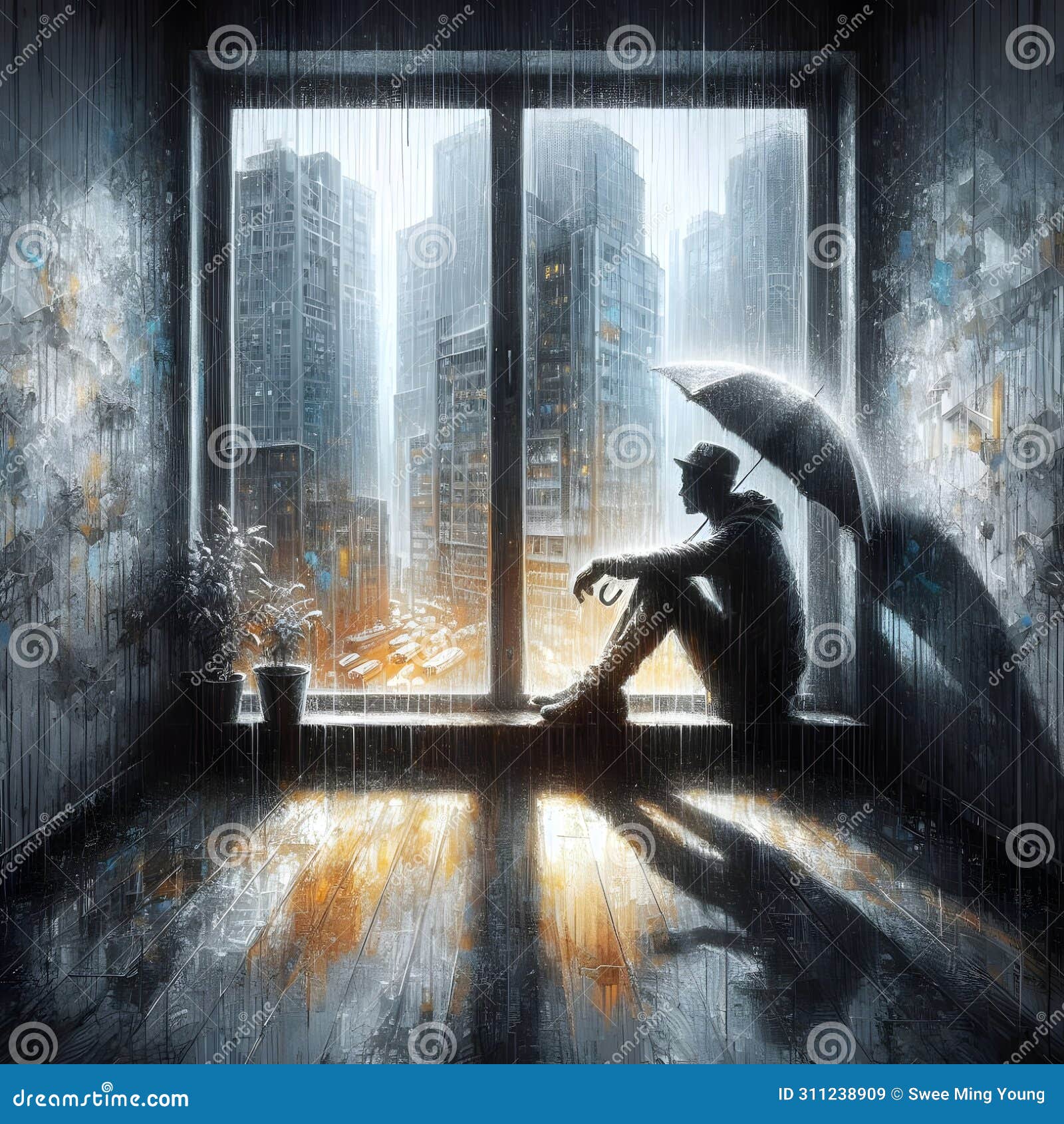 Image of Shadowy Figure Looking Out a Rainy Urban Day Behind the Window ...