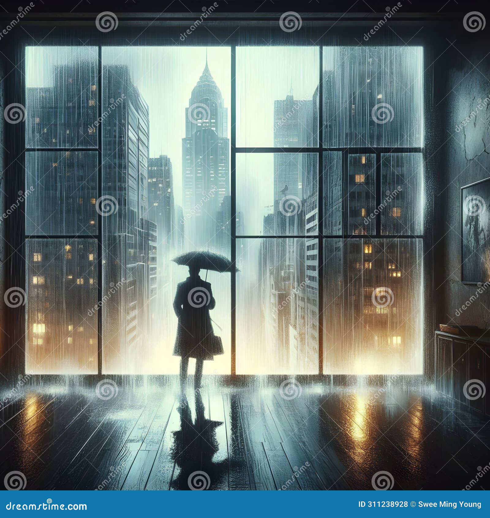 Image of Shadowy Figure Looking Out a Rainy Urban Day Behind the Window ...