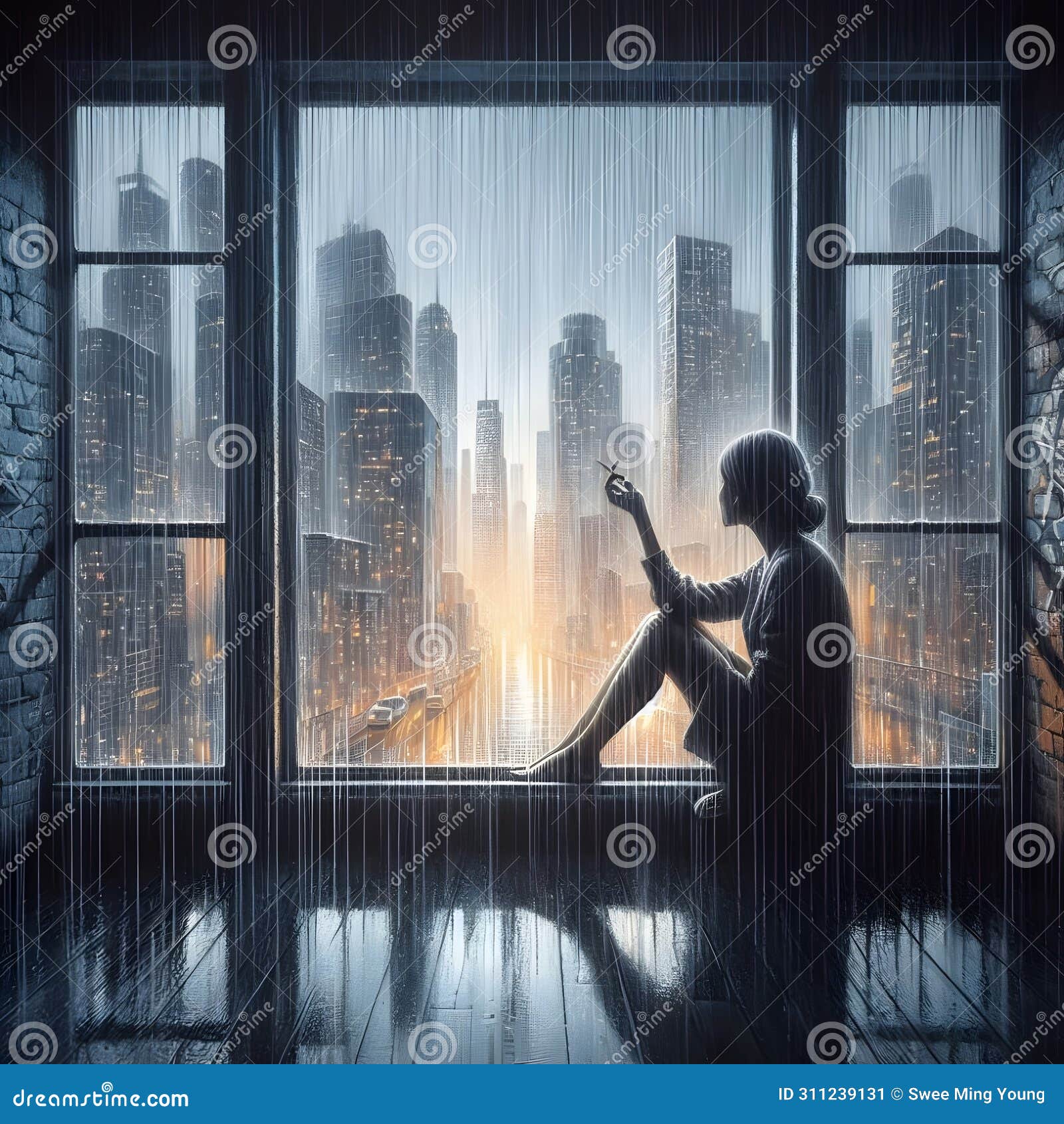 Image of Shadowy Figure Looking Out a Rainy Urban Day Behind the Window ...