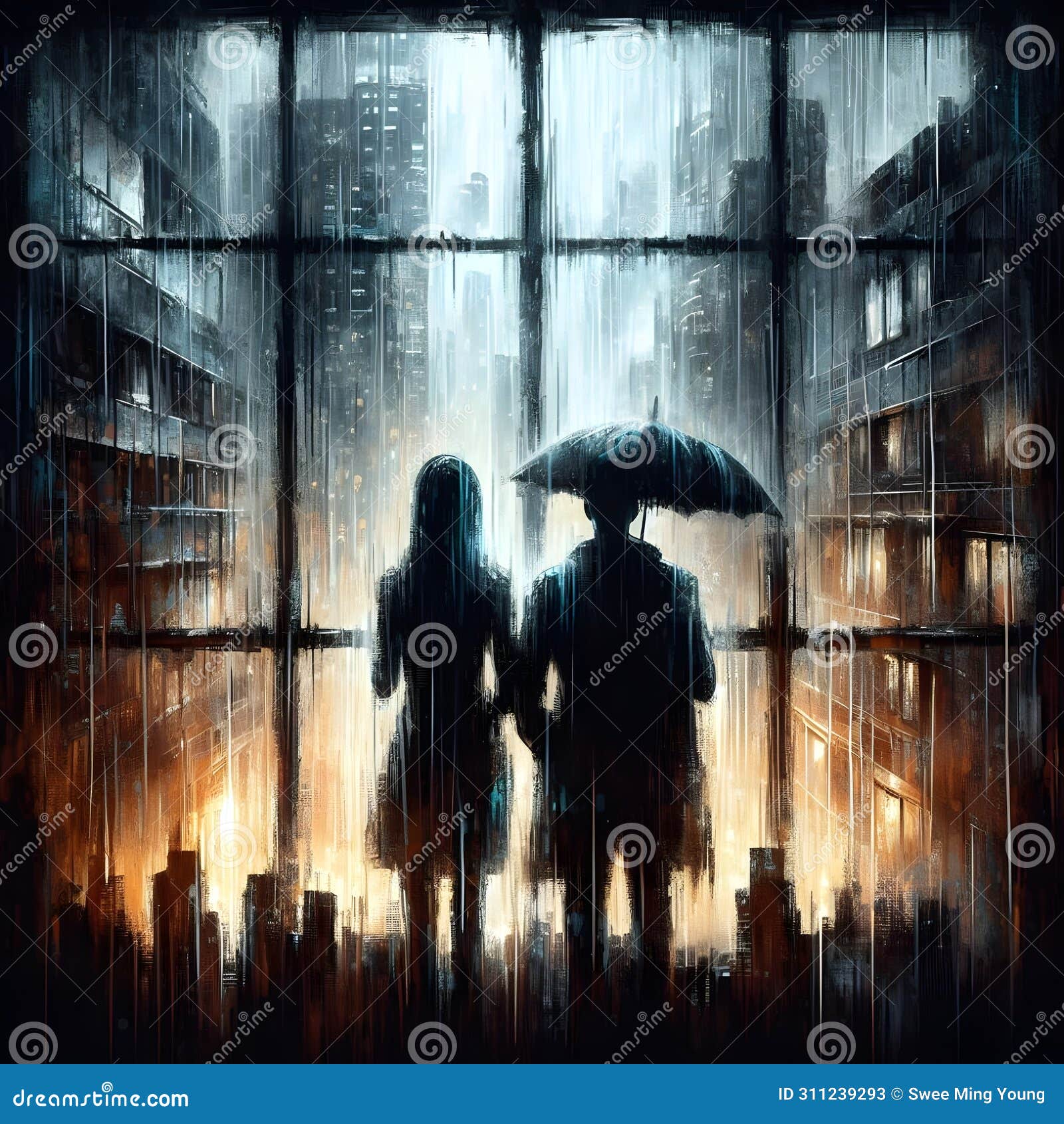 Image of Shadowy Figure Looking Out a Rainy Urban Day Behind the Window ...