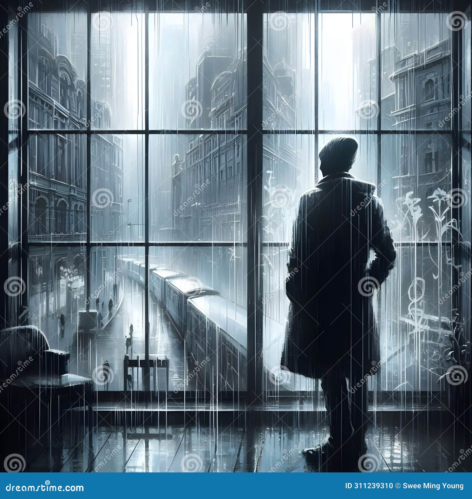 Image of Shadowy Figure Looking Out a Rainy Urban Day Behind the Window ...