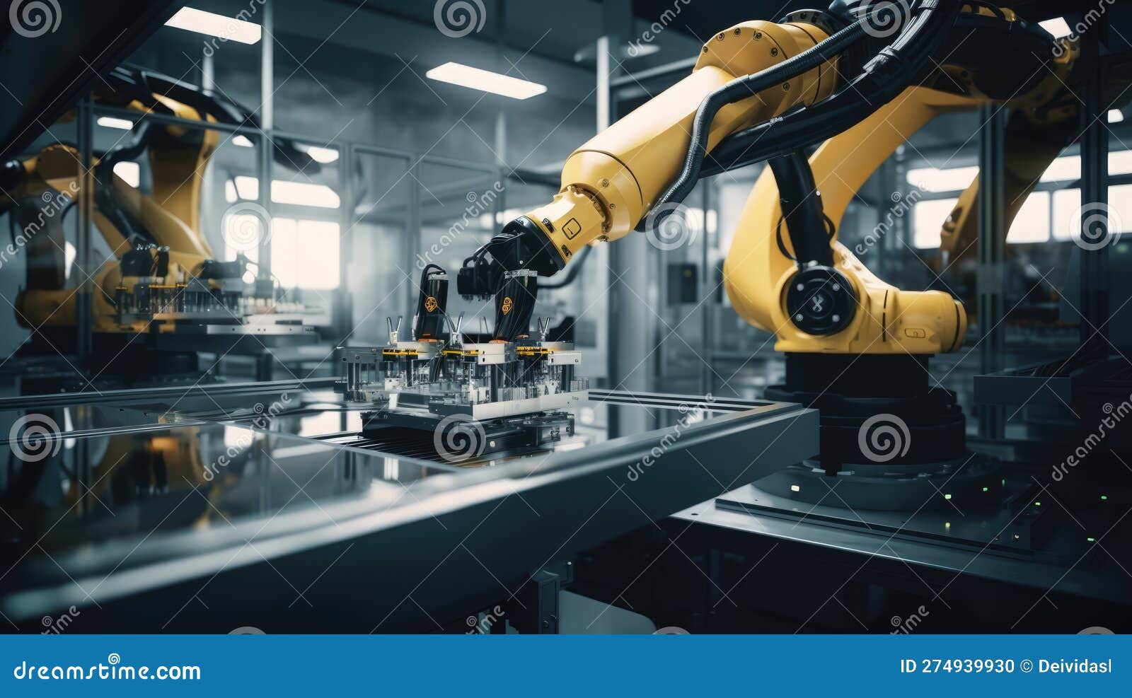 Advanced Robotic Arm Operating on a Manufacturing Assembly Line Stock ...