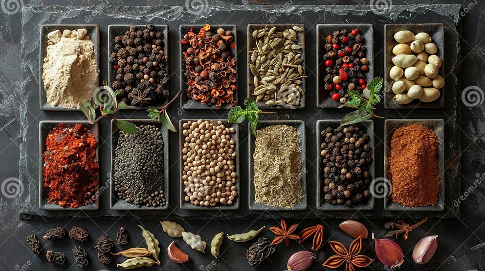 Assorted Spices on a Dark Background in a Top View Arrangement Stock ...