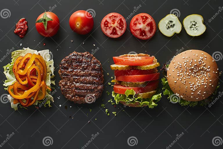 Artistically Arranged Deconstructed Hamburger with Fresh Ingredients on ...