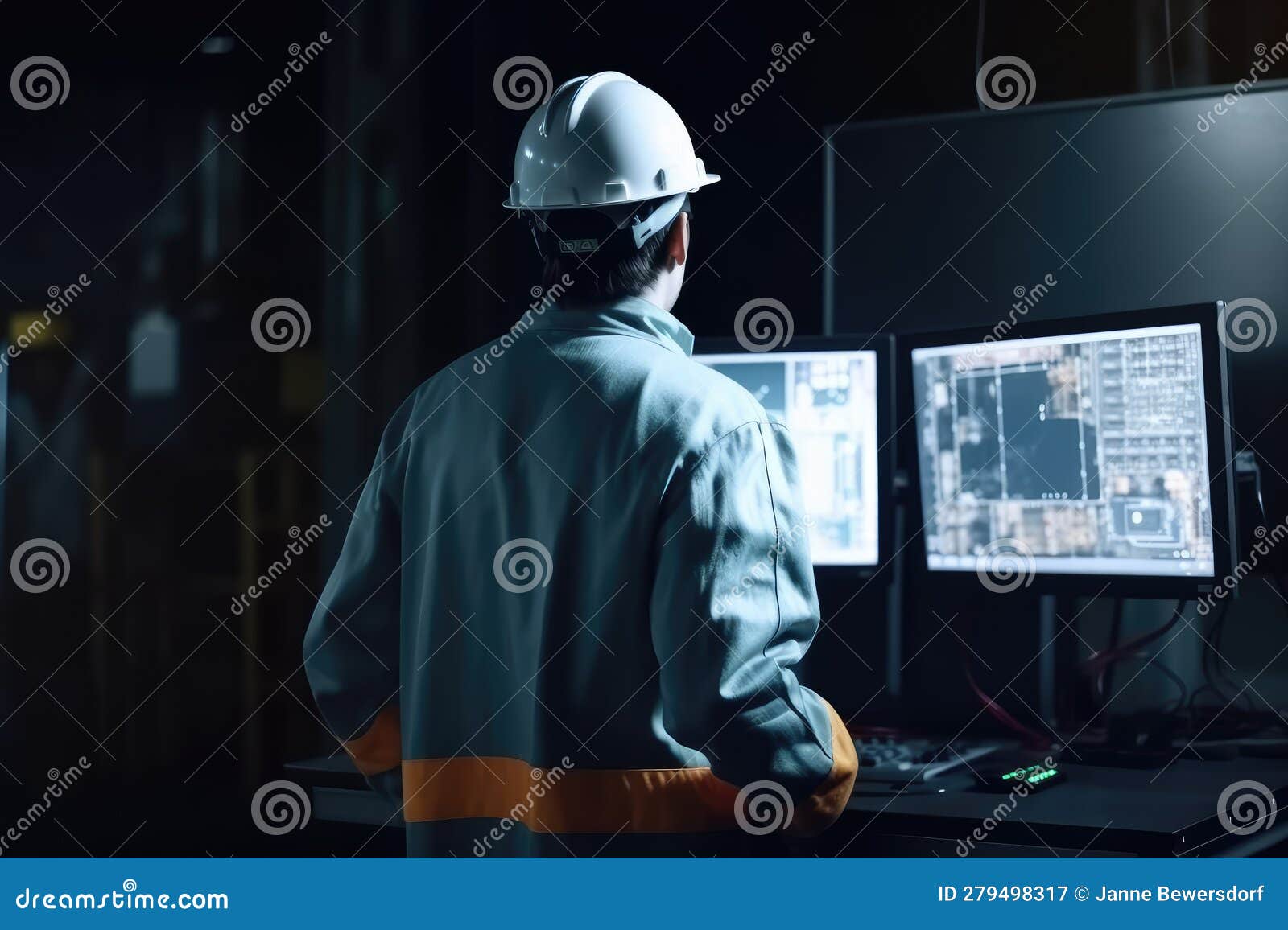 Back View of Engineer in Safety Helmet and Uniforms in Büro in Front of ...