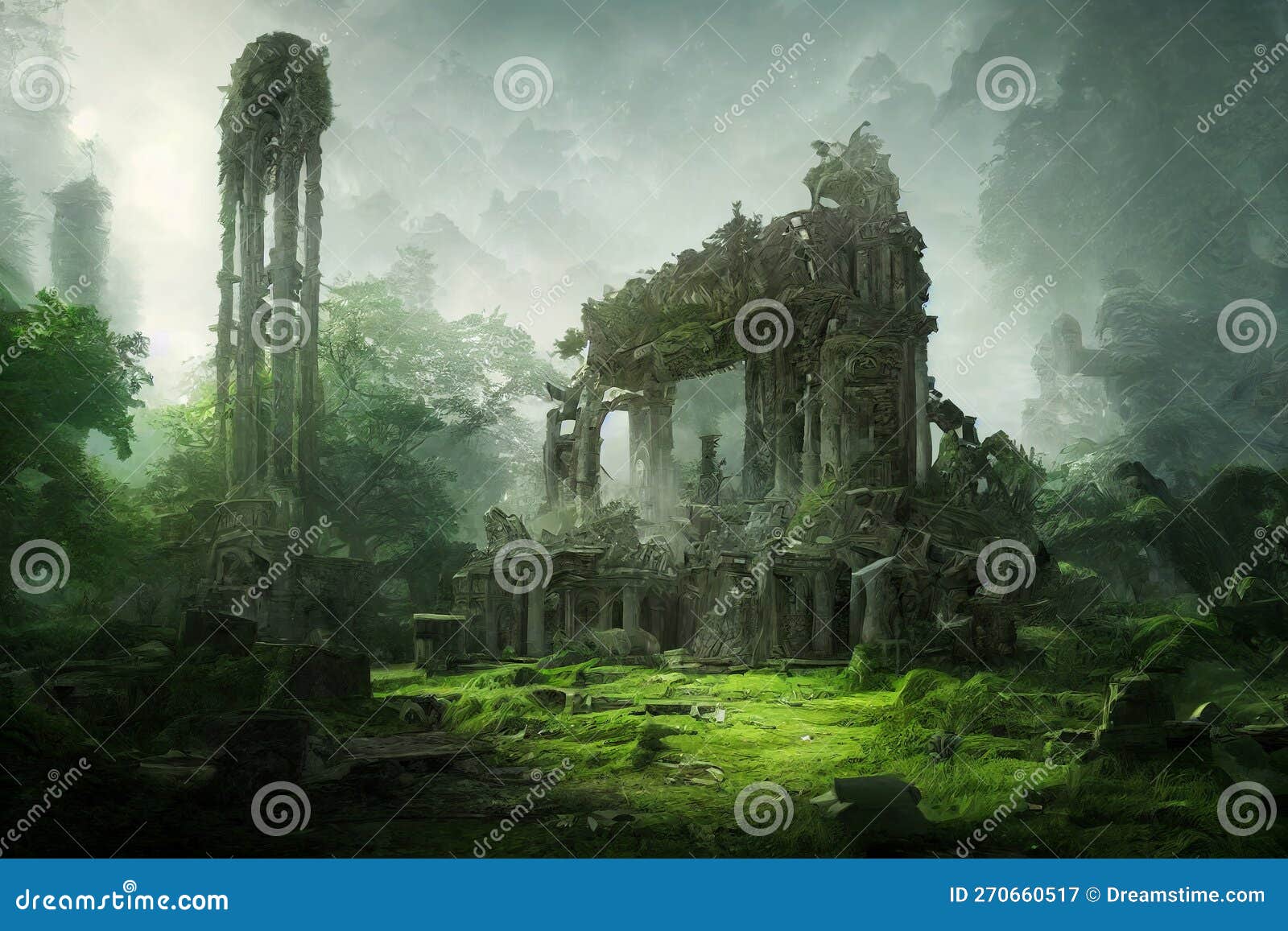 Ruins of a Fantasy Temple Surrounded by a Green Forest Stock Image ...