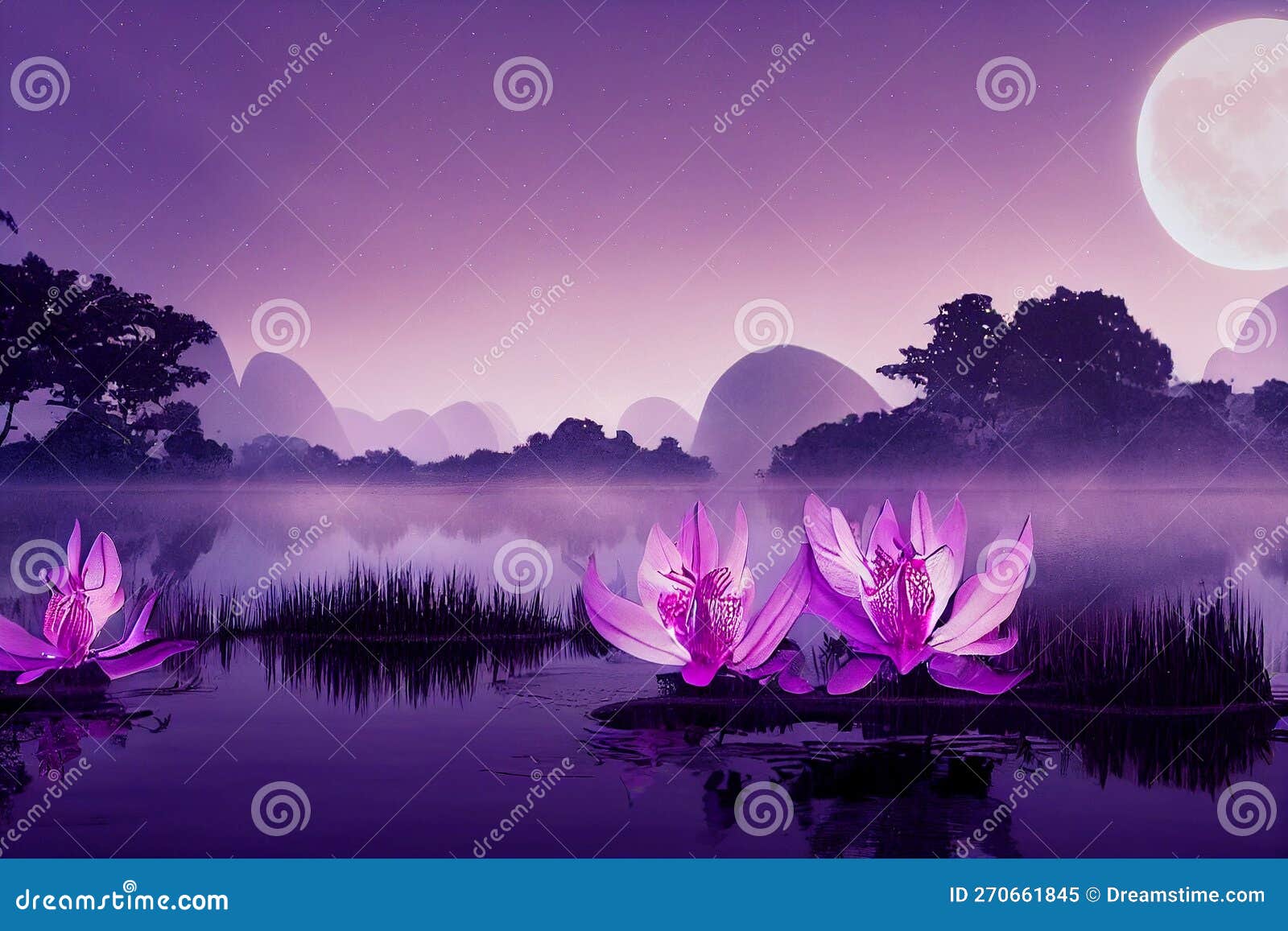 Pond with Tall Bamboos and Purple and Pink Zen Landscape Stock ...