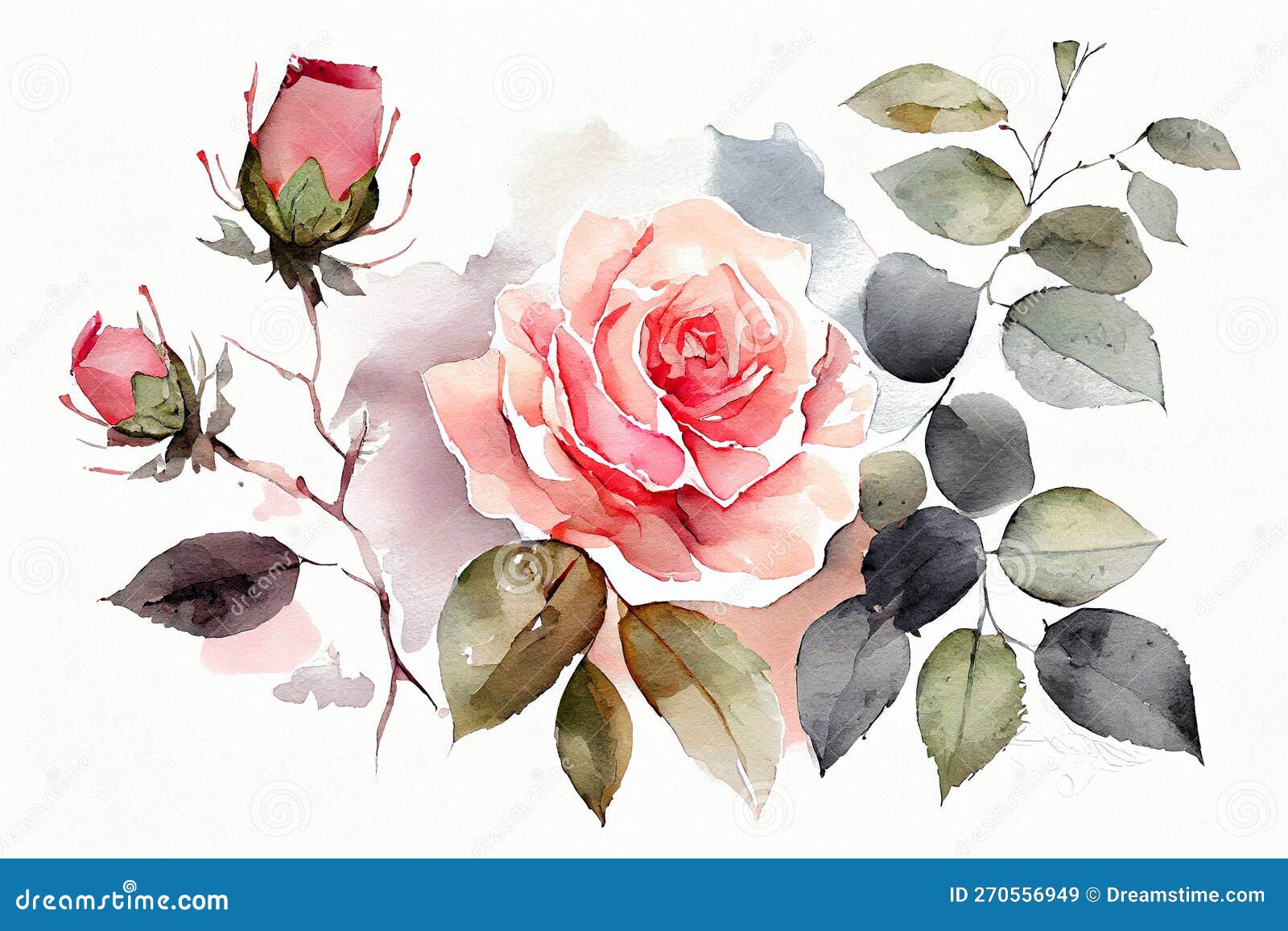 Hand Drawn Watercolor Rose Flowers in Temder Pink and Red Colors, Green ...