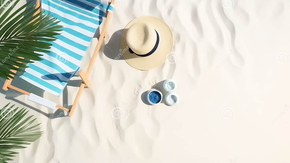 Beach Flat Lay Copy Space with Chair, Cap and Drink Ai Generated Stock ...
