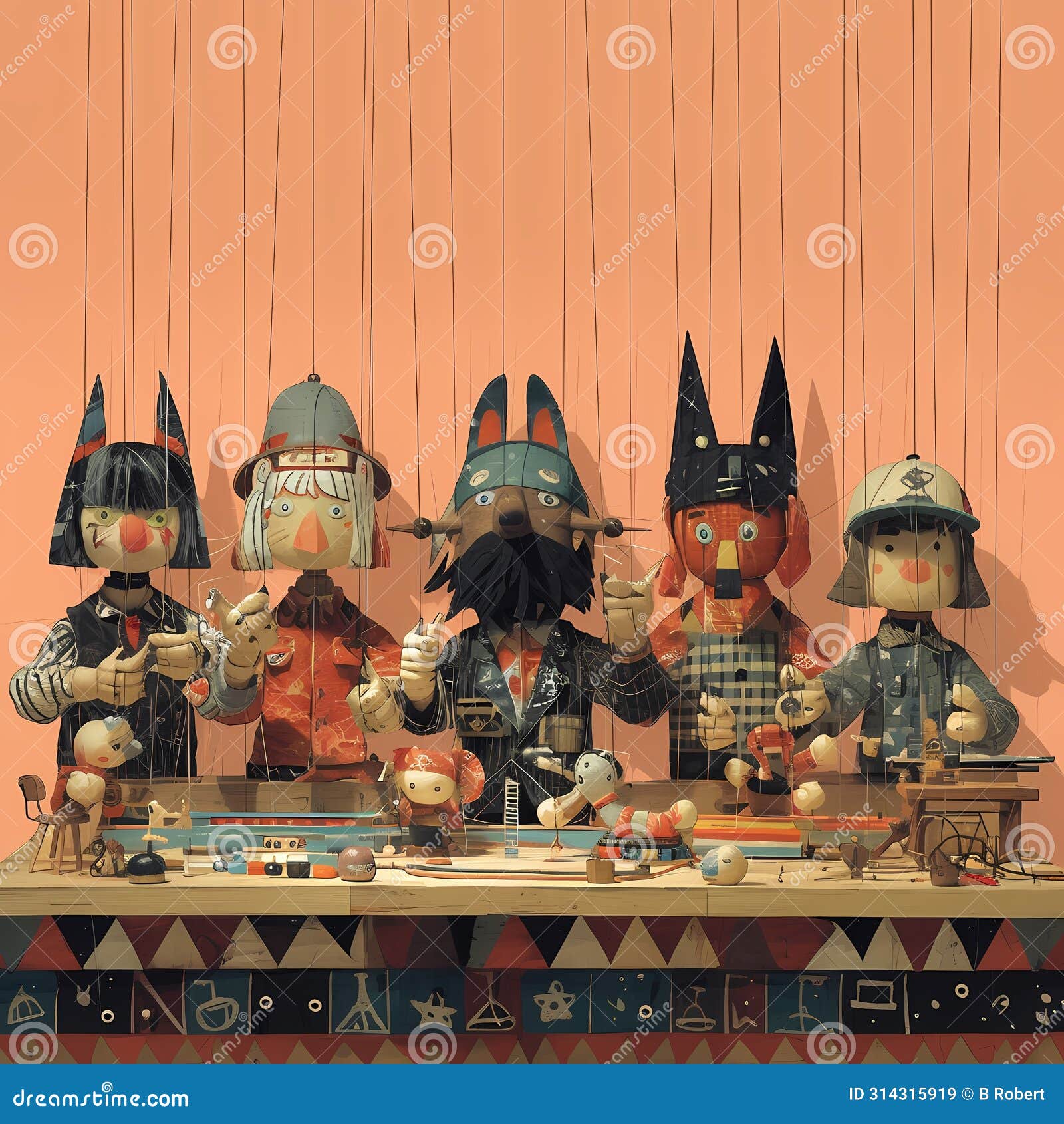 Handcrafted Puppet Characters in a Workshop Setting Stock Illustration ...