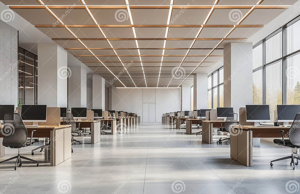Modern Office Interior Design with Rows of Desks and Ergonomic Chairs ...