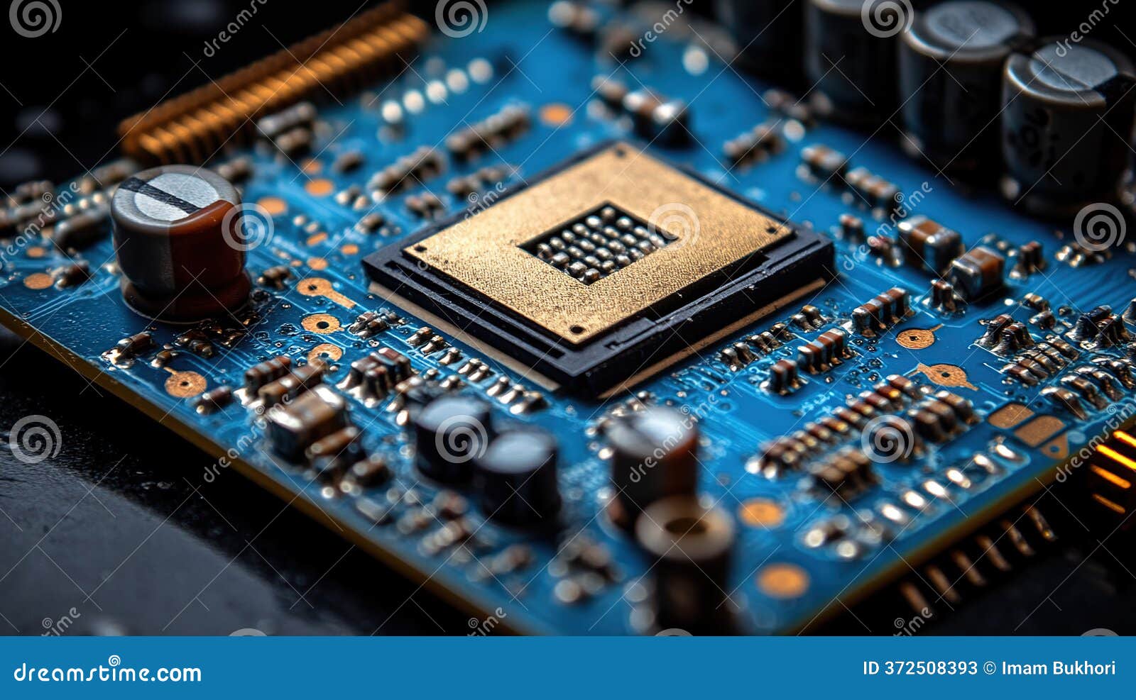Various Capacitors Standing On The Green-blue PCB. 3D Illustration ...
