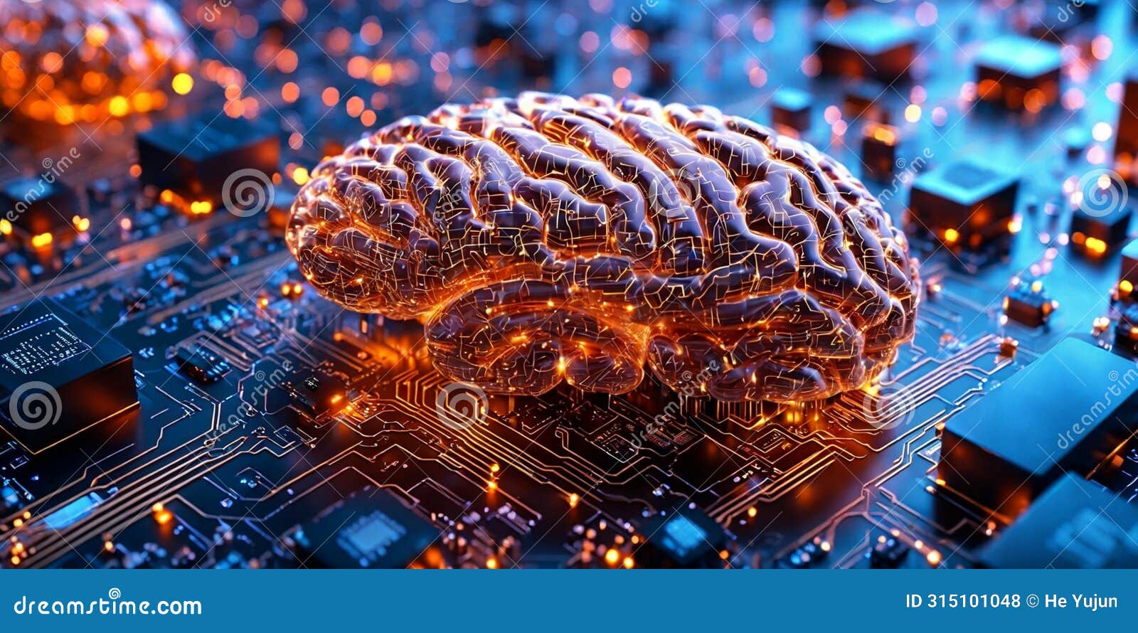 Human Meets Machine: Illuminated Brain Circuitry on Futuristic Blue Background Stock Photo ...