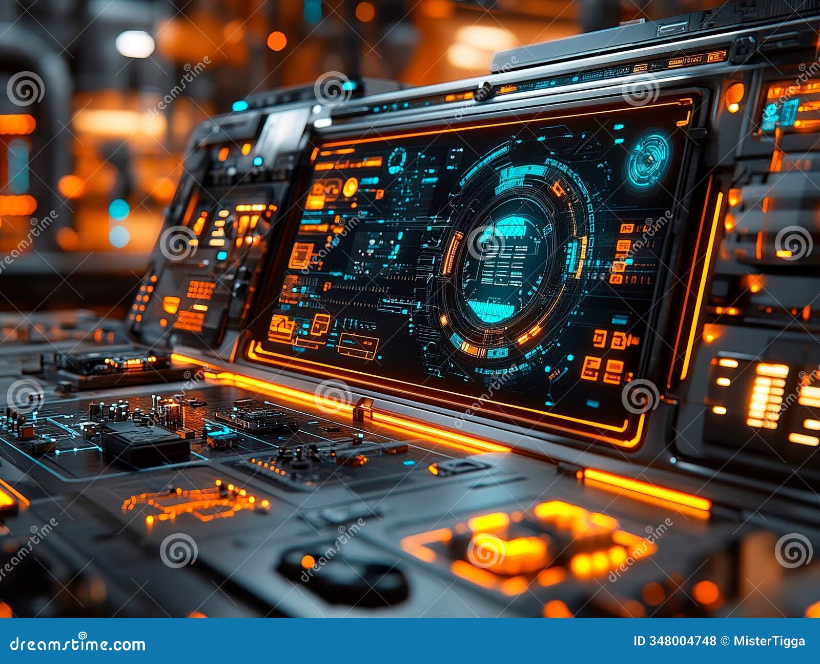 The Image Showcases a Futuristic Control Panel with Complex Screens ...