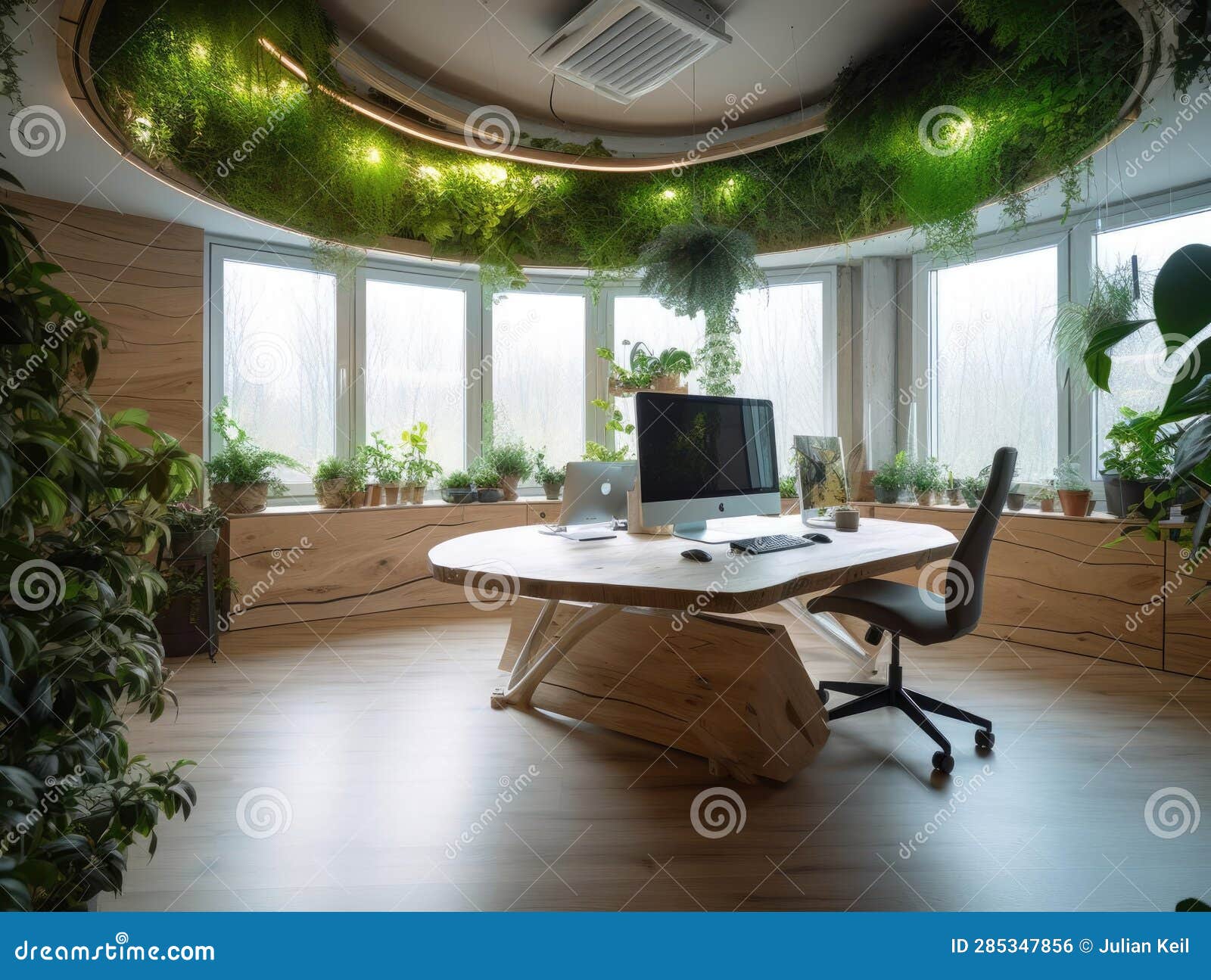 Ecofriendly Office Design with Plants and Innovation Stock Illustration ...