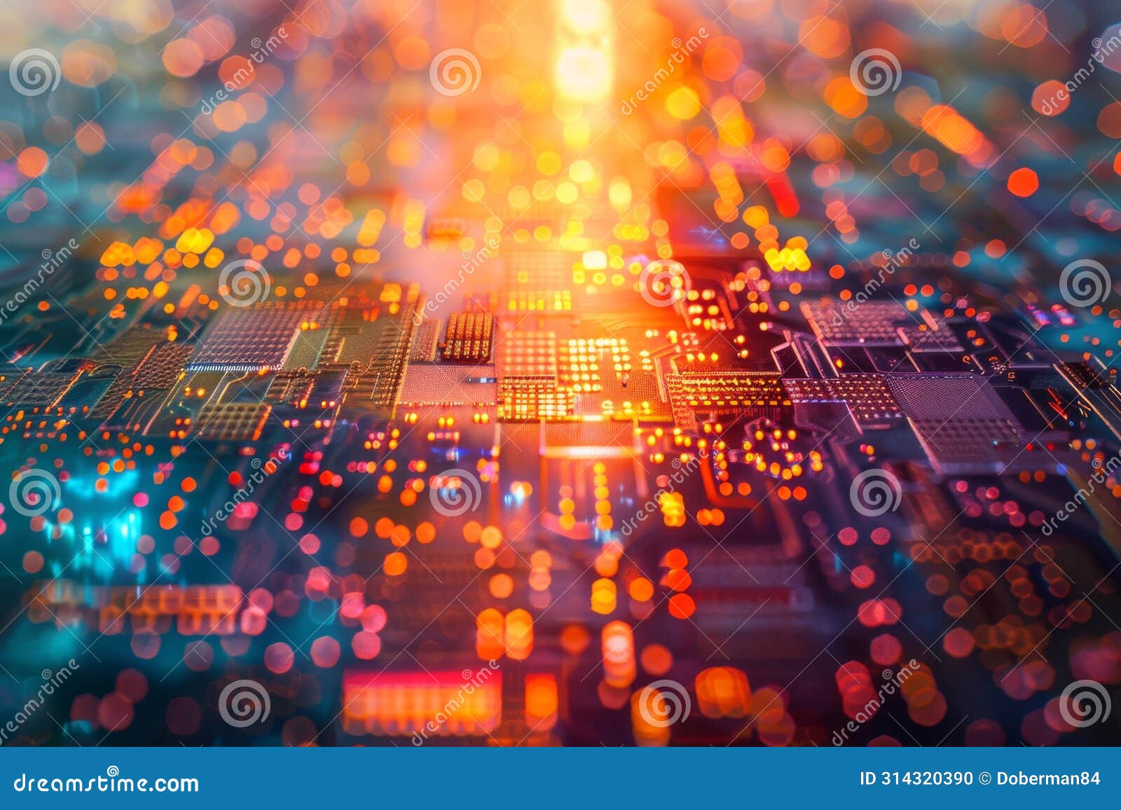Close-up of a Vibrant Microchip Circuit with Glowing Lights Stock Photo ...