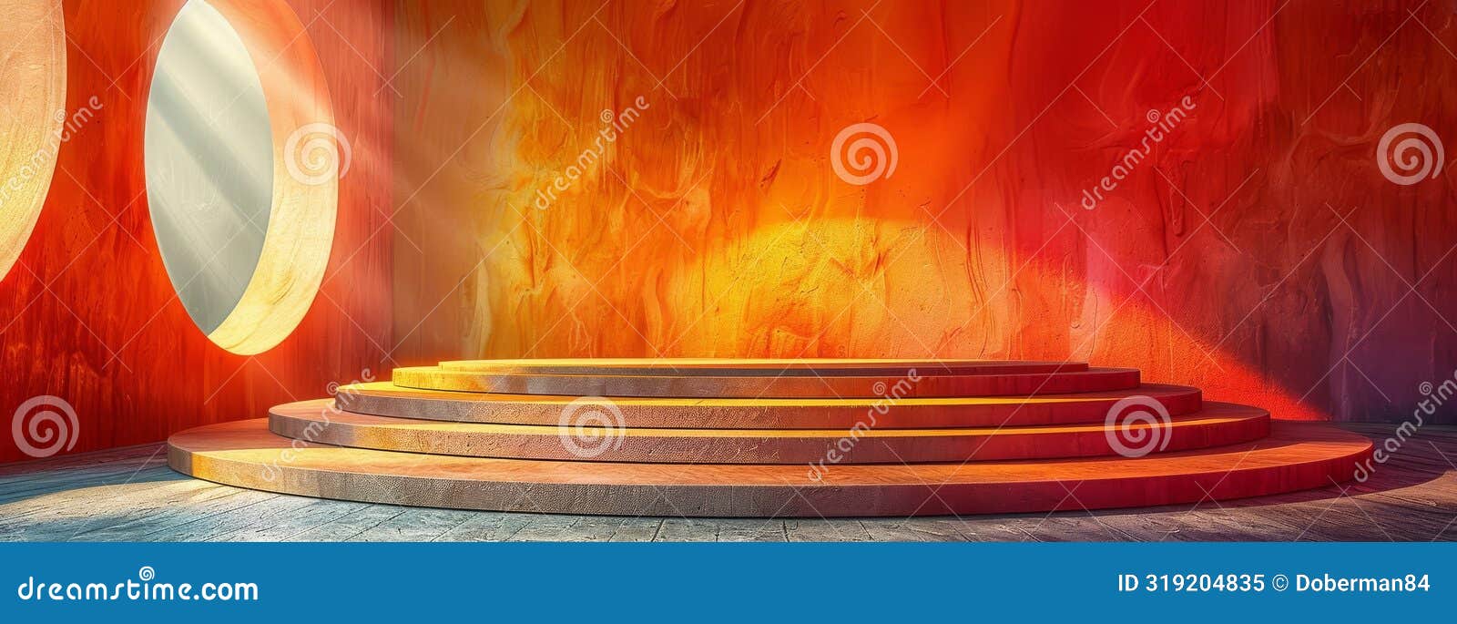 Vibrant Orange Minimalist Stage Design with Spherical Backdrop and ...