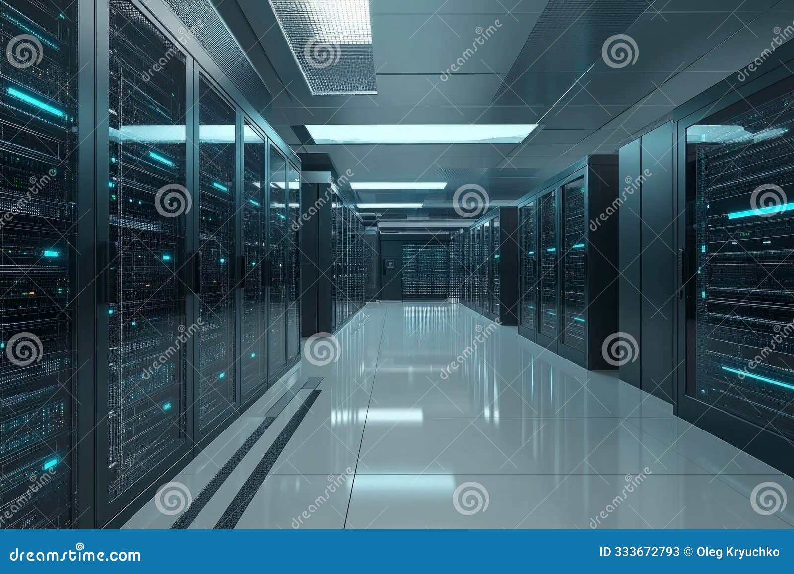 Futuristic Data Center Hallway with Sleek Technology. Bright Lights ...