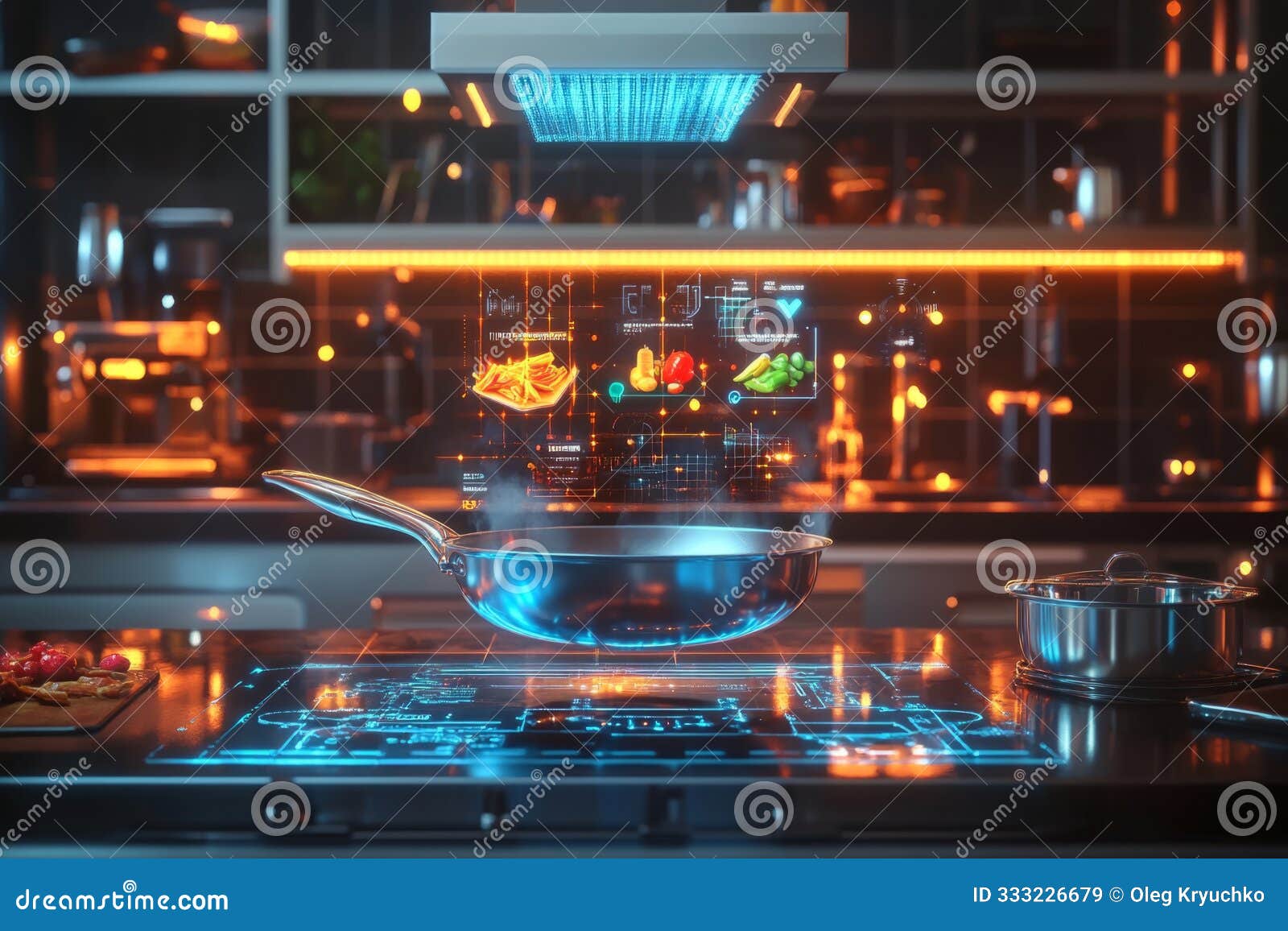 A Futuristic Kitchen Scene Featuring a Transparent Pan Above a Glowing ...
