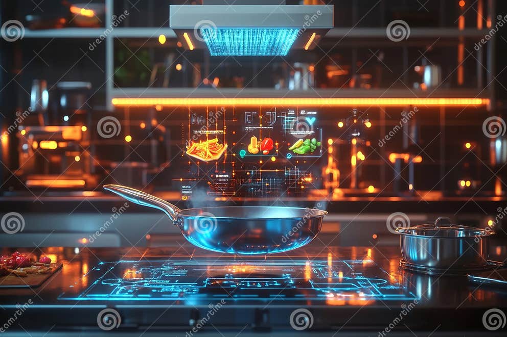 A Futuristic Kitchen Scene Featuring a Transparent Pan Above a Glowing ...