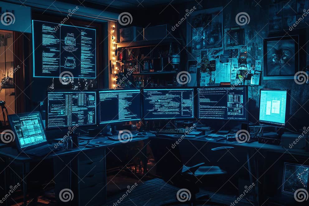 A High-tech Workspace Filled with Multiple Screens and Codes. the Room ...