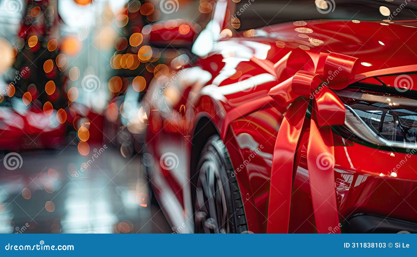 Red Car Gift Presentation: New Auto Concept with Copy Space, Ribbon Tie ...
