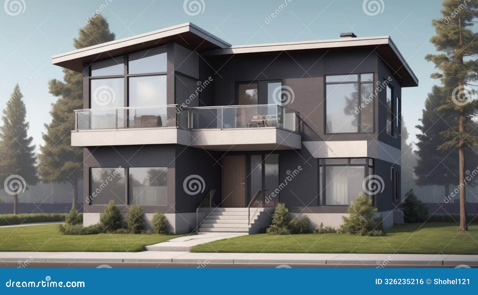 Sleek Modern Duplex with Large Windows and Minimalist Landscaping Stock ...